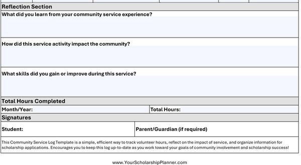 PDF Fillable Community Service Template – YourScholarshipPlanner